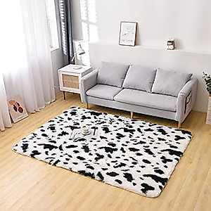 Meeting Story Cow Print Rug Faux Cowhide Rugs Cute Animal Print Carpet Fluffy Shaggy Tie Dye Fuzzy Area Rugs for Living Room Nursery Kids Floor Mat Thick Plush Non-Skid (White-Black, 3'x5')