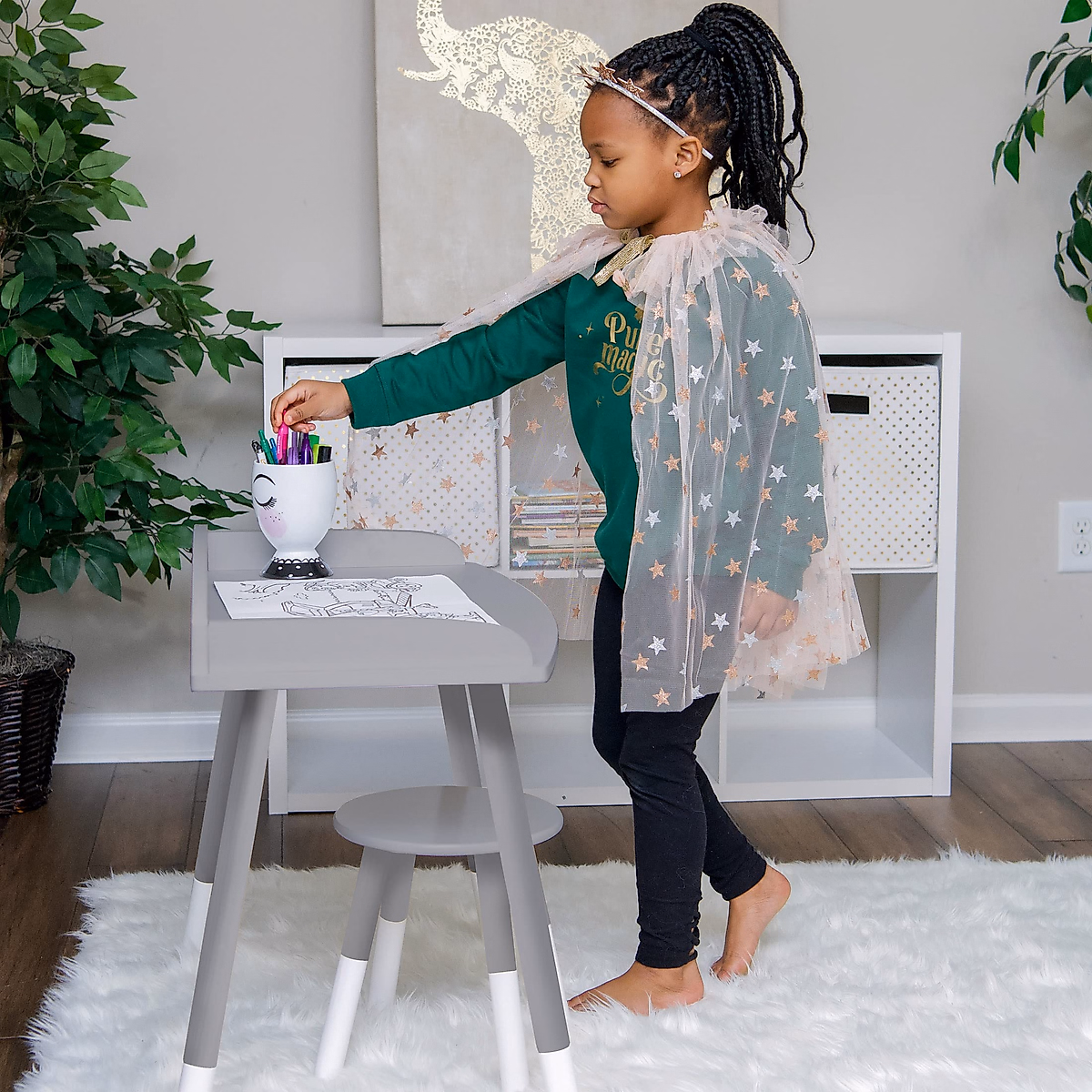 Wildkin Kids Modern Study Desk and Stool Set for Boys and Girls, Includes One Matching Stool, Classic Timeless Design Features Panel Edges on Tabletop and Solid Wood Legs (Gray w/White)