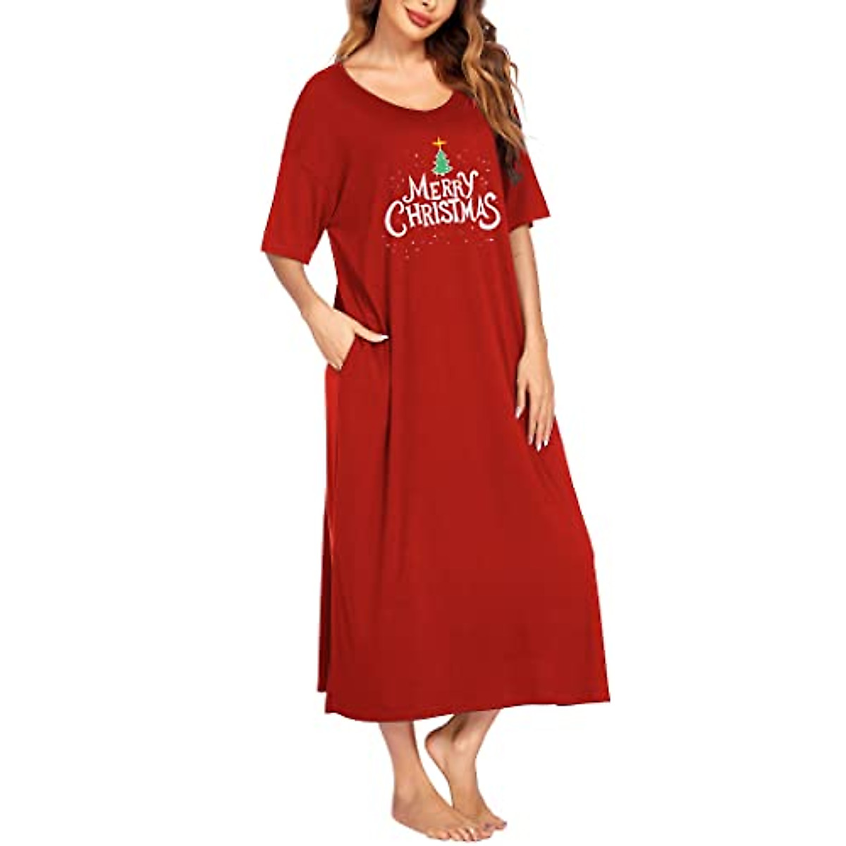 Ekouaer Long Nightgown for Women Short Sleeve Sleepwear Plus Size Loungewear with Pockets Red Christmas Tree XL