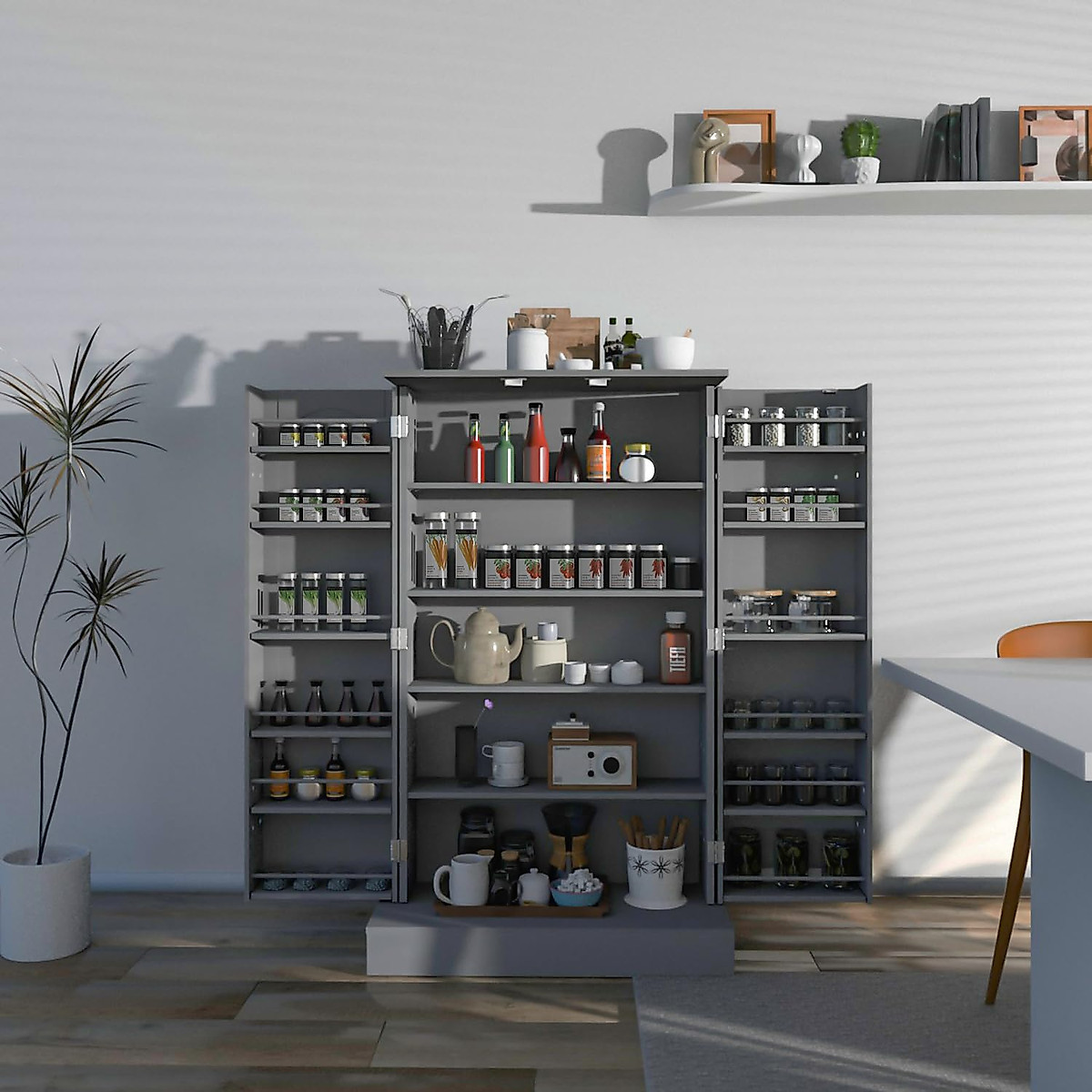 VEKOO 41" Kitchen Pantry Storage Cabinet Food Storage Cabinets with Doors and Adjustable Shelves Freestanding Grey Storage Cabinet for Kitchen, Living Room and Dinning Room