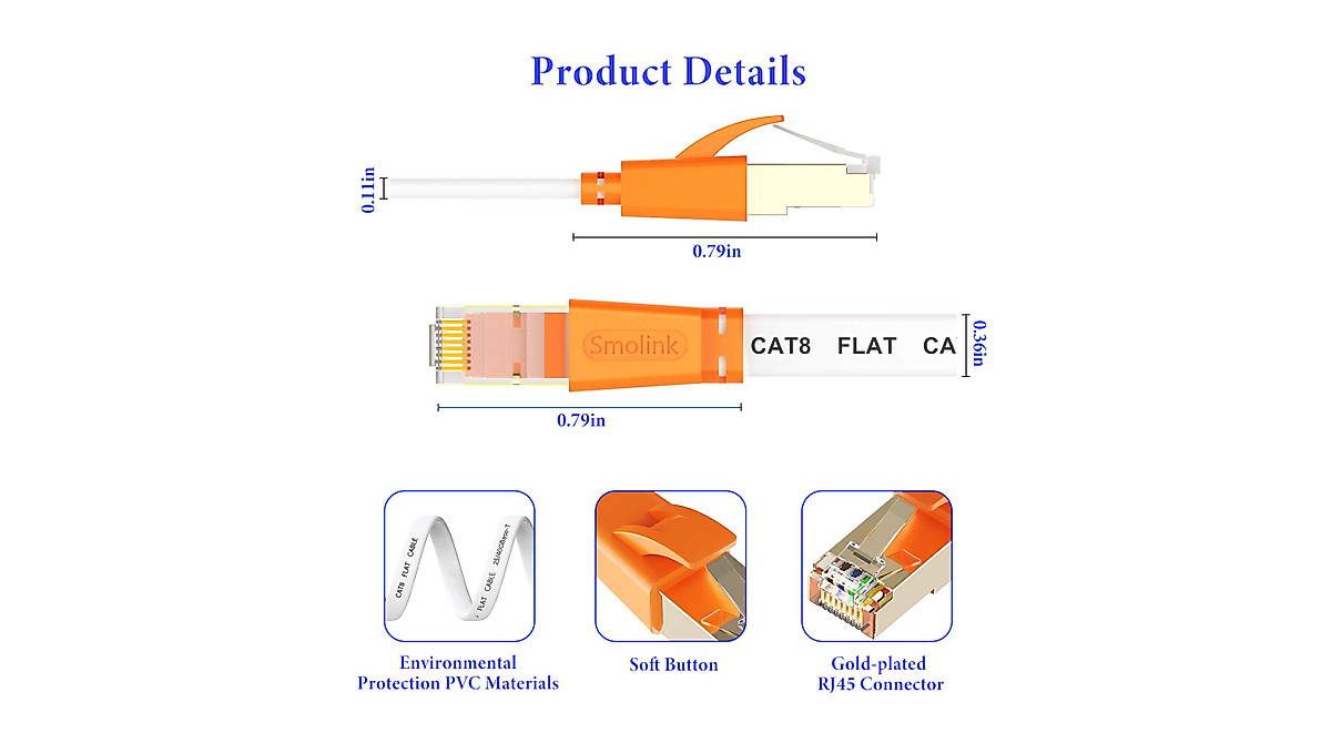 Smolink 20FT Cat 8 Ethernet Cable - 40Gbps High-Speed LAN Cable