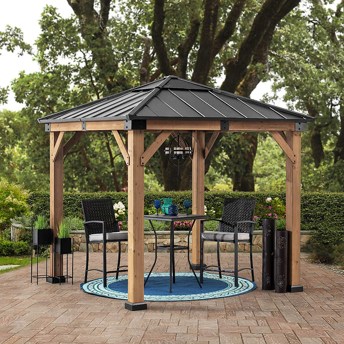 Sunjoy Hardtop Gazebo 9 x 9 ft. Upgrade Cedar Framed Wood Gazebo with Brown Steel & Polycarbonate Hip Roof Hardtop for Garden, Backyard Shade, Brown Roof + Natural Wood Frame