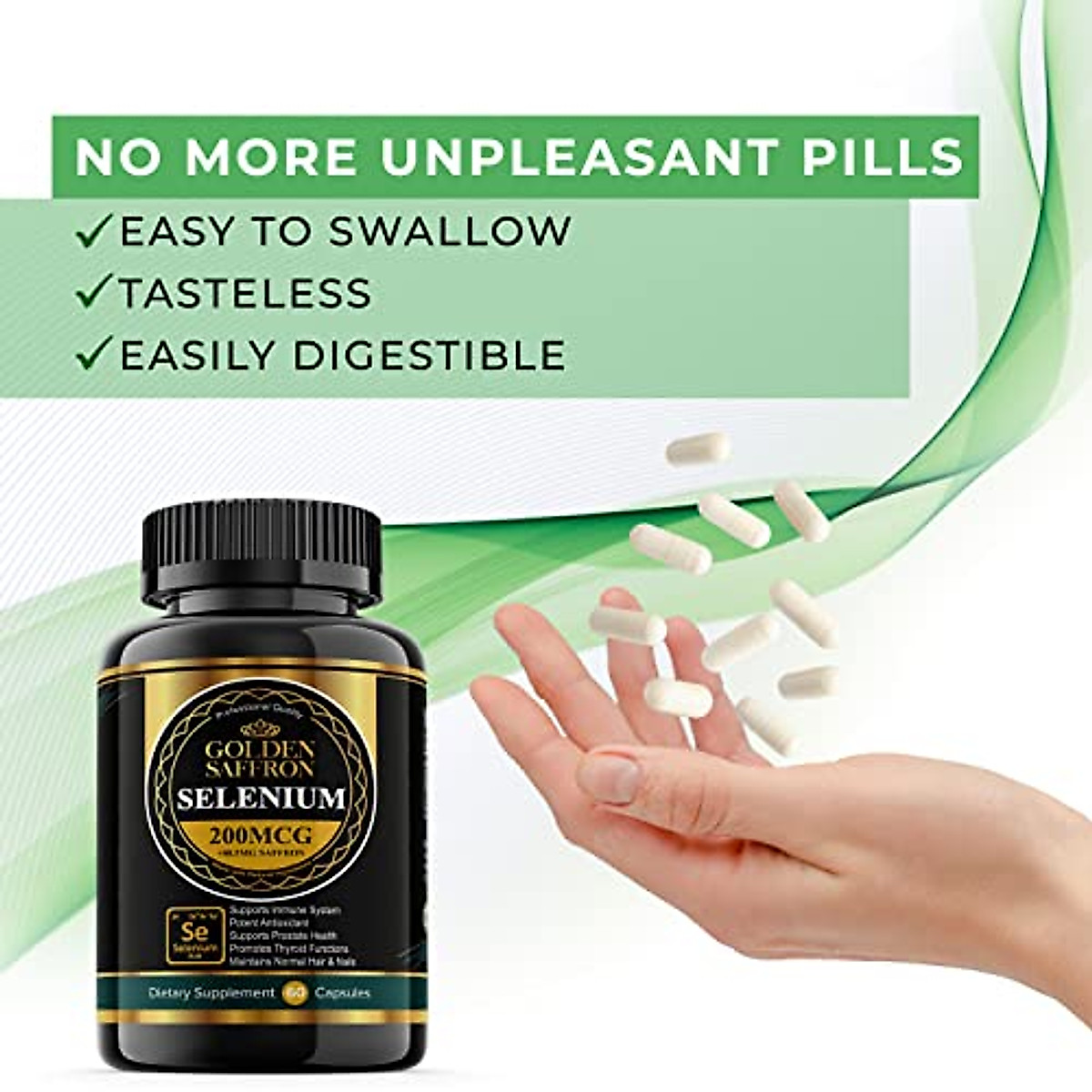 Golden Saffron Selenium (200mcg Selenium & 88.5 mg Saffron Extract) - to Support Overall Health, Thyroid Function, Prostate Health - Non-GMO & Gluten-Free - from USA - & Tasteless