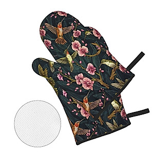 Hummingbird Flower Oven Mitts and Pot Holders Cute Heat Resistant Kitchen Set Microwave Golves and Hot Pads for Safe Cooking Baking Grilling BBQ