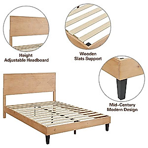 MUSEHOMEINC Mid Century Modern Solid Wood Platform Bed,King Size Bed Frame with Adjustable Height Headboard, Wood Slat Support Bed Frame, Bed Frame No Box Spring Needed