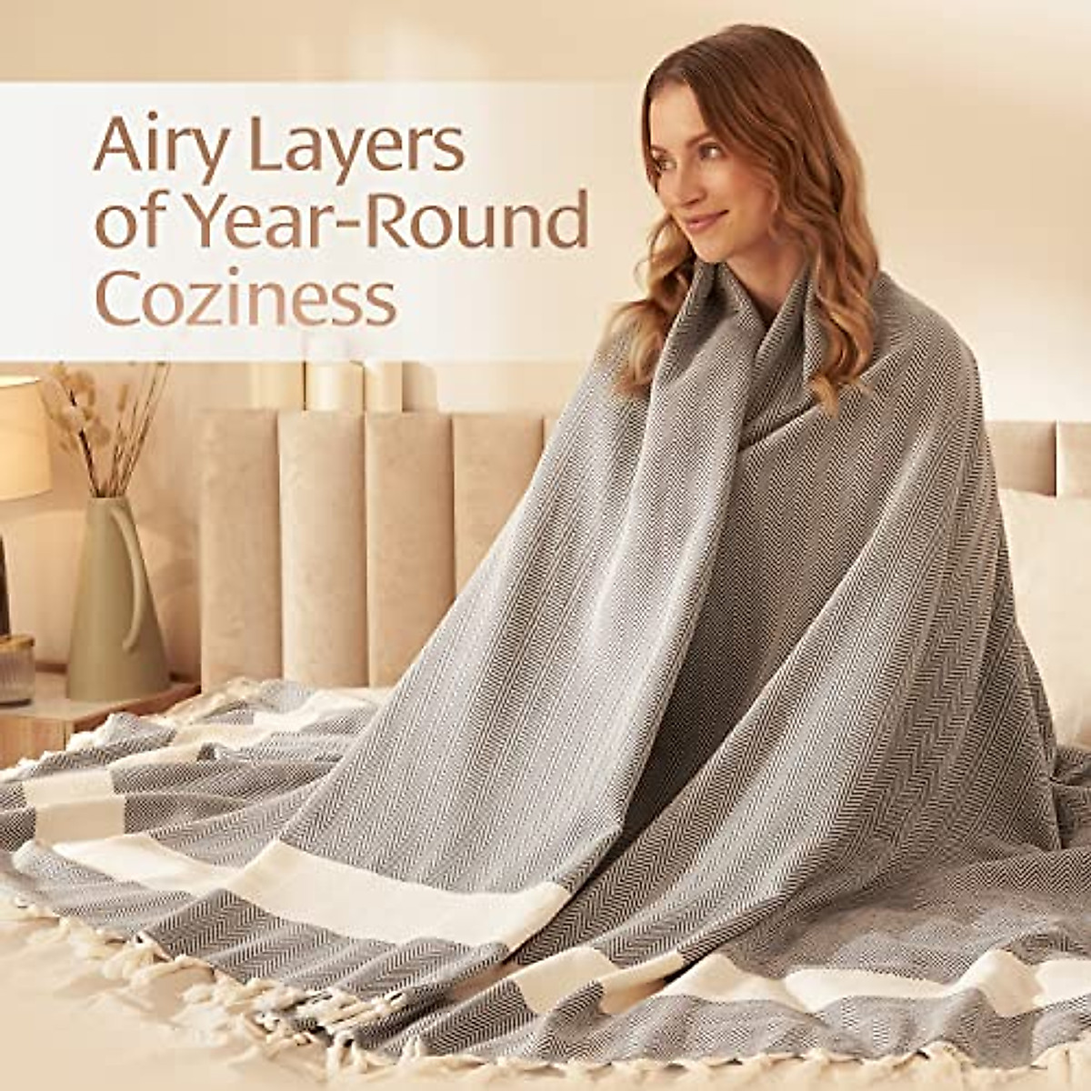 Luxurious Turkish Cotton Blanket - Soft, Large, Lightweight, and Breathable - Boho Style for Bed, Couch, and Home