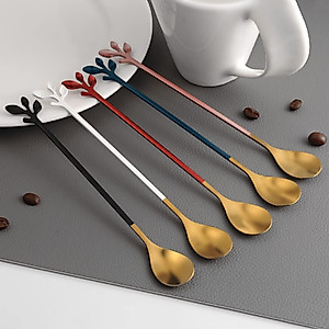 AnSaw Black & Gold 7.4" Long Teaspoons Set of 10 - Stainless Steel Leaf Handle Coffee Stirrers, Perfect as Stir Spoons, Tea Spoons, and Stirring Spoons