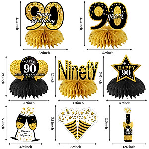 Turypaty 36Pcs 90th Birthday Decorations Kit for Men Women, Black Gold Happy 90 Birthday Banner Balloons Honeycomb Centerpiece Hanging Swirl Party Supplies, Ninety Year Old Bday Table Topper Decor