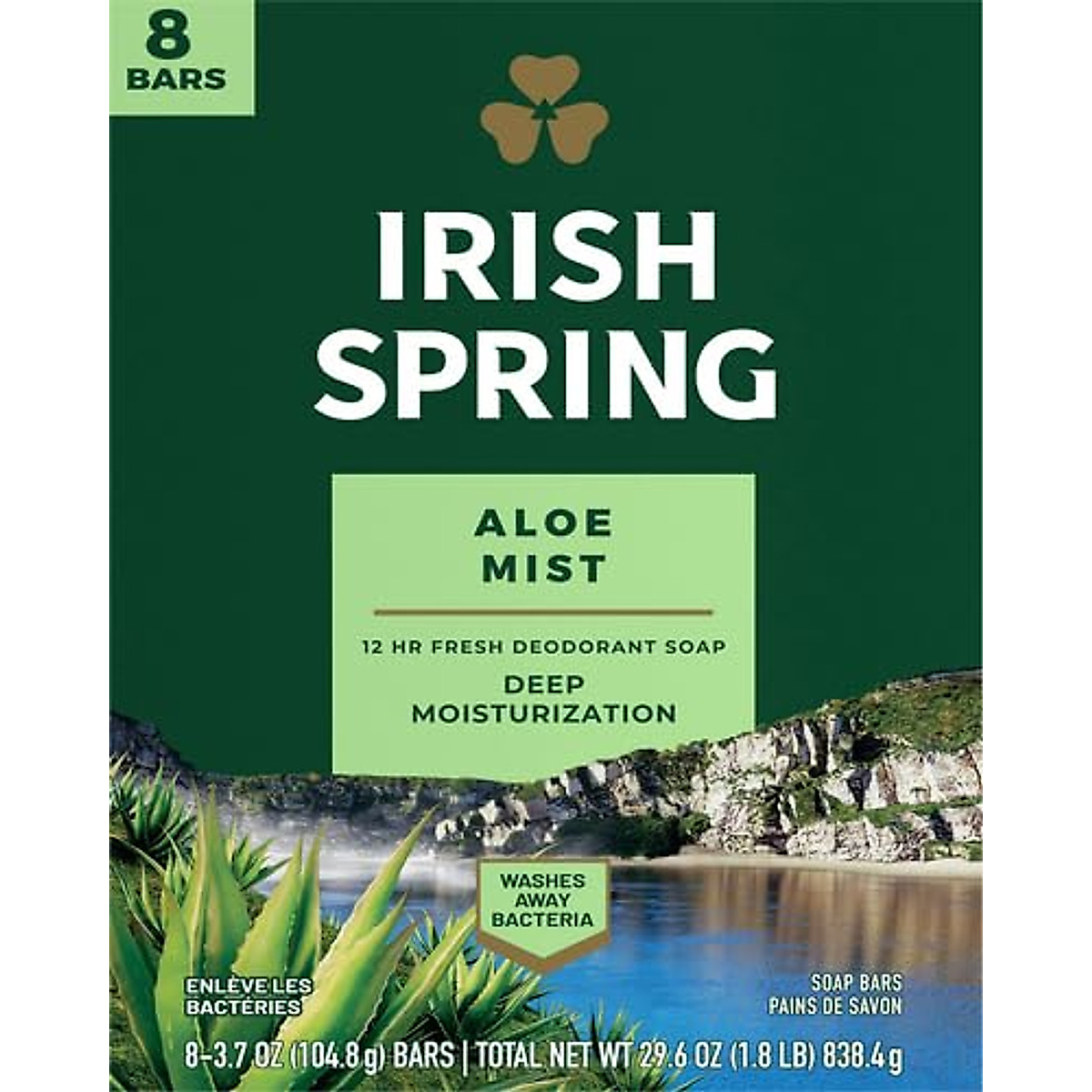 Irish Spring Aloe Bar Soap, (00035000141705), 3.7 Ounce (Pack of 8)