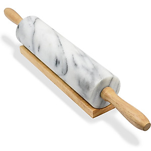 Greenco Hand Crafted Nonstick Marble Rolling Pin with Wood Handles on Wooden Board Resting Base | Dough, Pastry, Bread, Tortilla, and Pizza Roller Pins | Baking and Kitchen Supplies