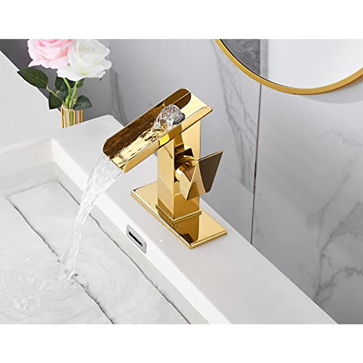 Bathroom Sink Faucet Gold Single Handle 1 or 3 Hole 4 Inch Waterfall Open Spout Bathroom Faucets Modern Brass Lavatory Bath RV Vanity Sink Faucets Basin Mixer Tap with Supply Line Cover Plate
