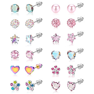 BESTEEL 12 Pairs Hypoallergenic Screw Back Earrings for Girls Women CZ Ball Surgical Stainless Steel Stud Earrings Set Cute Star Flower Screwback Earrings Mix Age: over 3 years old