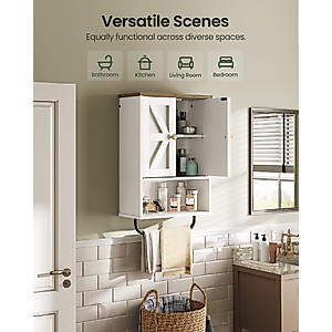 CHOEZON Bathroom Wall Cabinet, Medicine Cabinet with Open Partition and Towel Bar, Rustic Storage Cabinet with Open and Hidden Storage Space, for Bathroom, Living Room, Kitchen, White and Walnut