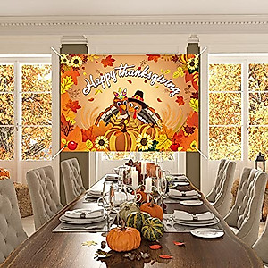 7x5ft Happy Thanksgiving Fabric Fall Photography Backdrop Autumn Leaves Pumpkin Turkey Sunflower Large Size Background for Fall Party Supplies Farm Harvest Event Banner Decoration Photo Booth Props