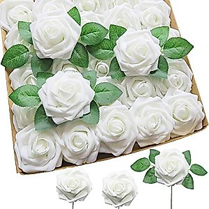 Artificial Flowers 25pcs White Real Looking Foam Rose Fake Flowers with Stem/Leaves for DIY Wedding Bouquets Centerpieces Floral Arrangments Home Party Decorations