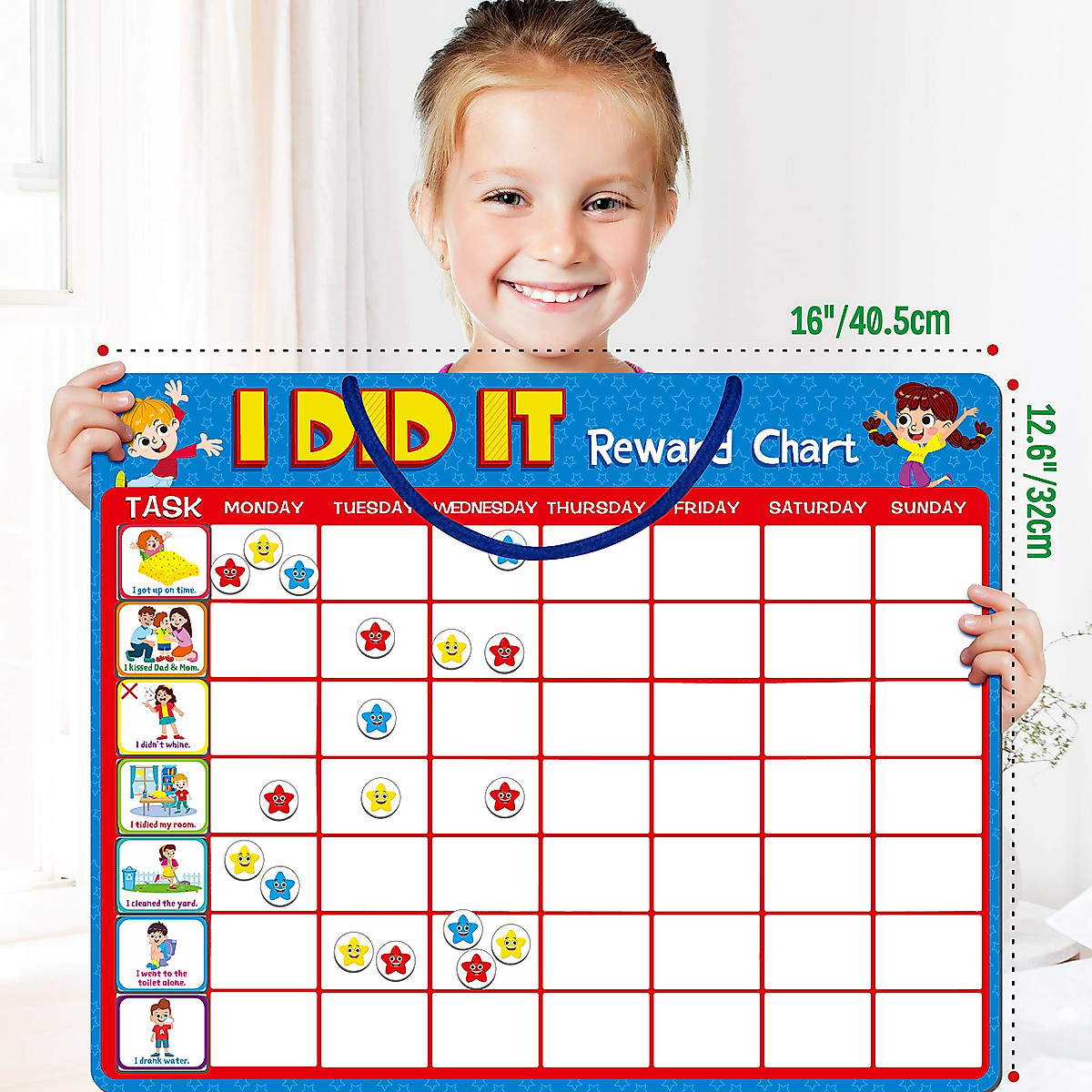 Magnetic Reward Chart, Dry Erase Kids Behavior Responsibility Task Board-84 Chores (including 7 Blanks), 272 Magnetic Stars, 8 Markers & 3 Name Cards-Good Behavior Daily Routine to motivate kids