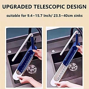 Upgraded Telescopic Sink Storage Rack, Adjustable Length 2-in-1 Sink Organizer Tray Sponge Soap Holder with Dishcloth Hanger, Expandable Storage Drain Basket for Home Kitchen (Blue)