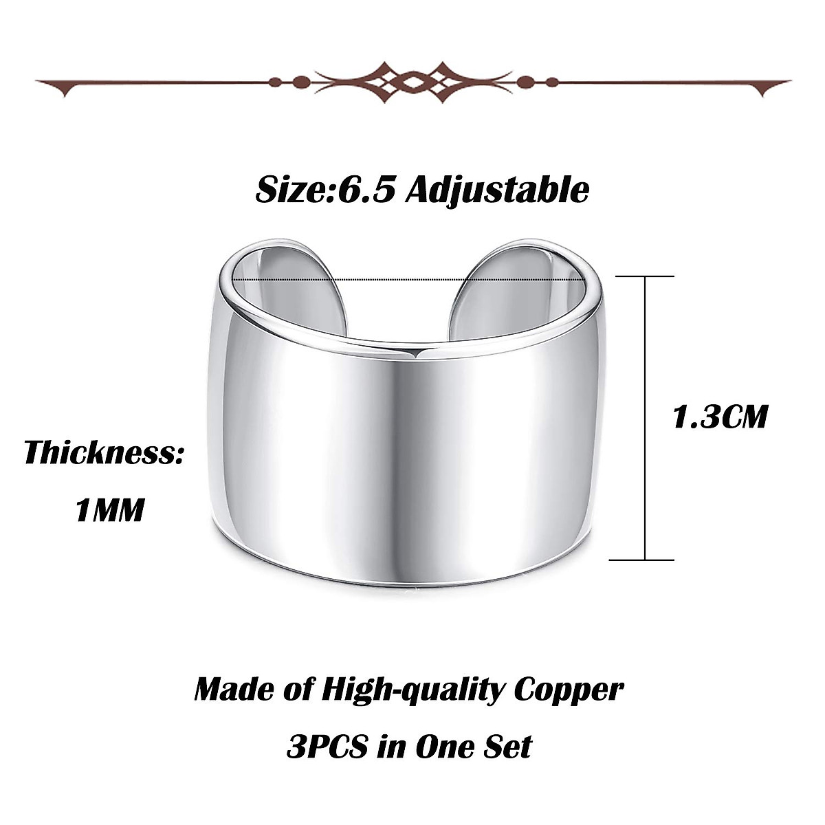 JOERICA 3PCS Adjustable Band Rings for Women Men Open Cuff Knuckle Rings Flat Plain Wide Band Ring Set