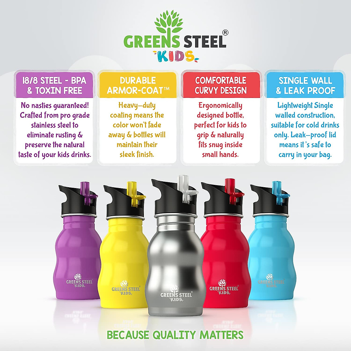 Kids Water Bottle with Straw & Handle, 12 oz Silver- Eco Friendly Toddler Cups with Straws - Easy Sip Metal Water Bottle for Kids - Cute Stainless Steel Water Bottles for Children - Leak Proof Lid