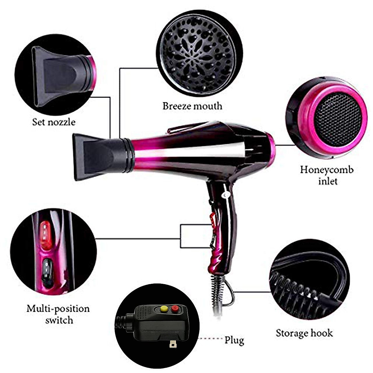Hair Dryer Professional Blow Dryer Negative Ions 3500W Powerful Fast Drying Low Noise Long Cord Quick Dryer with Nozzle and Diffuser Hair Blow Dryer with 2 Speed and 3 Heat Settings (Purple-2)