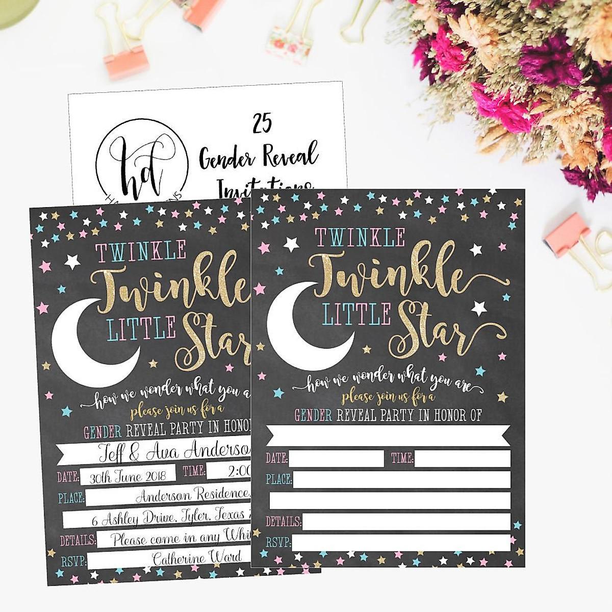 25 Twinkle Little Star Gender Reveal Baby Shower Party Invitation Cards Gold and Black He or She For Gender Neutral Unisex Invites Guess If It's a Boy or Girl Sprinkle Fill In The Blank Printable Pack