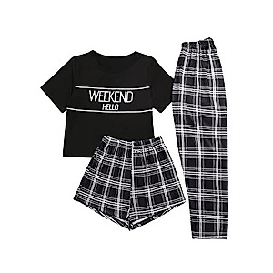 SweatyRocks Women's 3 Piece Plaid Pajama Letter Print Short Sleeve Tee and Shorts Pants Set Black M