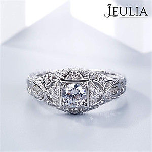 Jeulia Vintage Rings 925 Sterling Silver Round Cut Solitair Diamond Ring Wedding Engagement Statement Ring Band Anniversary Promise Bridal Set with Gift Box (Silver, 10)