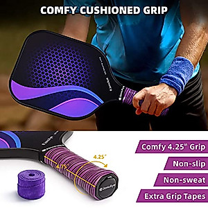 JoncAye Graphite-Pickleball-Paddles-Set, 2 Pickleball-Rackets, 1 Carry Bag, 4 Indoor Outdoor Balls, 1 Mesh Ball Bag, 2 Over-Grips, Raquette-Set of 2, Blue, Purple | Pickleball Gifts