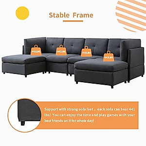 linor Modern U Shaped Convertible Sofa Couch, 118'' Modular Sectional Sofa with Tufted Back Cushion, 6 Seat Oversized Sectionals Sofa Couch with Ottomans for Living Room (Linen,Gray)