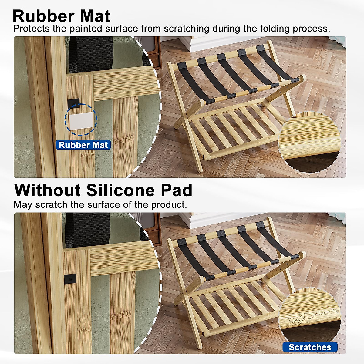 Smuxee Fully Assembled Luggage Rack for Guest Room, Upgraded Bamboo Foldable Suitcase Stand with 5 Nylon Straps, Nature Luggage Holder with Shelf for Bedroom Hotel (Nature Luggage Rack 1pcs)