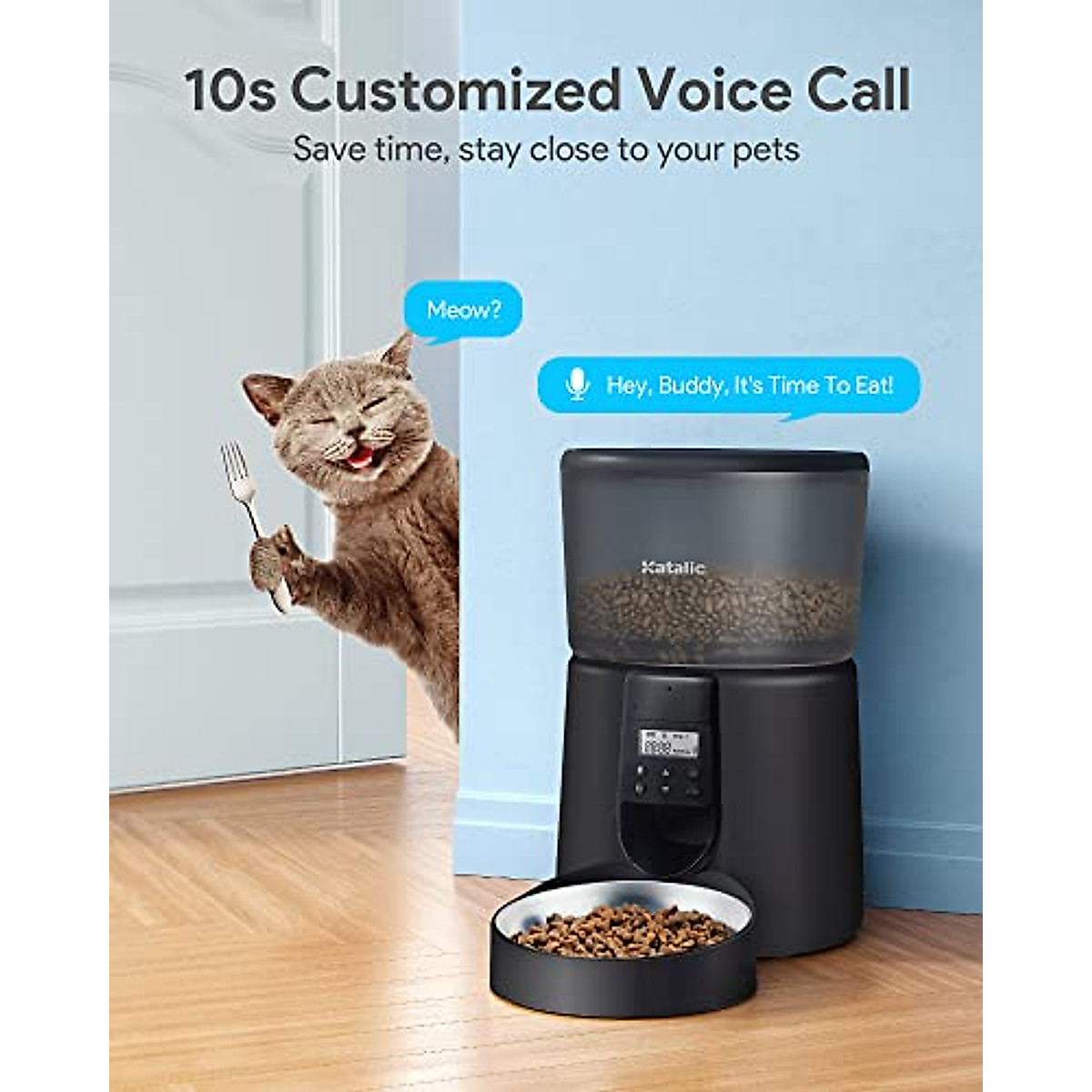 Automatic Cat Feeders,Katalic Clog-Free 4L Cat Food Dispenser with Sliding Lock Lid Storage Timed Feeder for Cat and Dogs with Voice Recorder, Programmable Meal & Portion Automatic Feeder (Gray black)