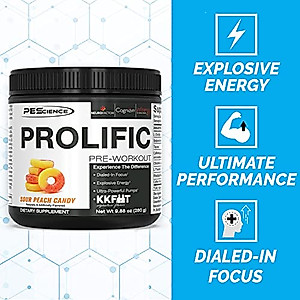 PEScience Prolific Pre Workout Powder, Sour Peach Candy, 40 Scoop, Energy Supplement with Nitric Oxide, KK Fit Signature Flavor