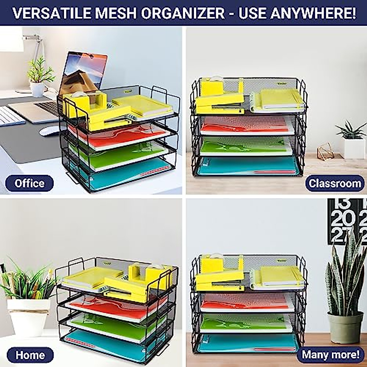 Stackable Paper Tray Desk Organizer – 4 Tier Metal Mesh Letter Organizers for Business, Home, School, Stores and More, Organize Files, Folders, Letters, Paper, Binders