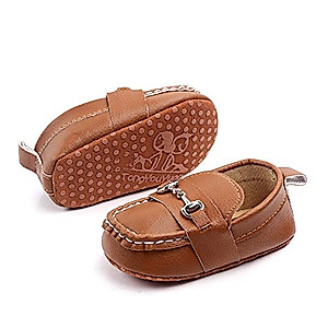 QIETION Baby Girls Boys Loafers, Cute Newborn Crib Shoes, PrewalkerPU Sneakers, Perfect for Baptism/Crawling/Wedding Brown 0-6 Months V201-BR11