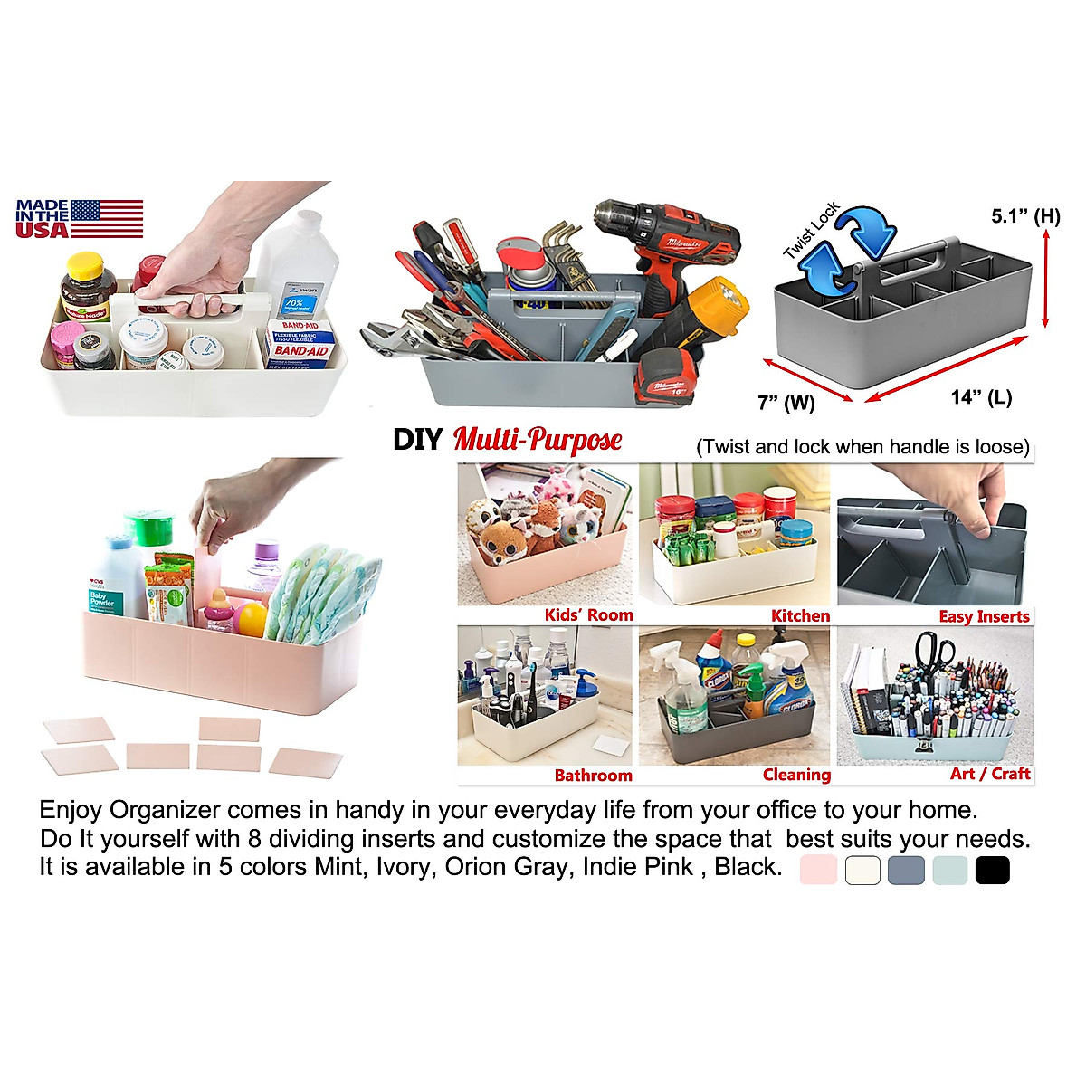 New Plastic Portable Makeup Organizer Caddy Tote Divided Basket Bin with Handle, for Bathroom Storage - Holds Blush Makeup Brushes, Eyeshadow Palette, Lipstick - Extra Large Made In USA (Mint)