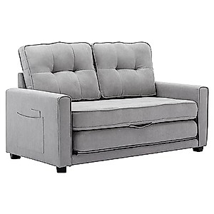 Merax, Gray 59.4" Loveseat Pull-Out Sofa Bed Modern Upholstered Couch with Side Pocket for Living Room