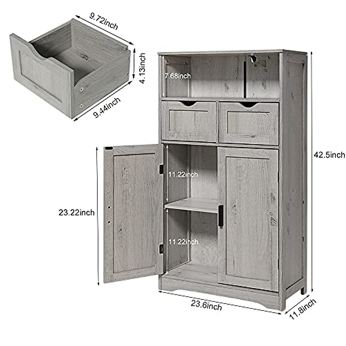 Iwell Large Storage Cabinet, Bathroom Storage Cabinet with 2 Drawers & 2 Shelves, Floor Cabinet for Living Room, Bedroom, Home Office, Grey