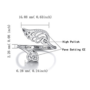 Birthstone Wing Rings Sterling Silver Adjustable Feather Heart Month Stone Wrap Ring Jewelry Gift for Women Engrave Love you forever (Apr)