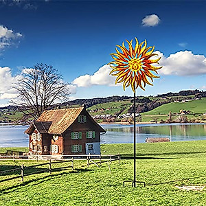 Fawgold Wind Spinner Outdoor Metal Sun Wind Sculpture Spinners for Yard Patio Lawn Garden Decoration 75 inches Double Windmill 360 Degrees Swivel Spinner with Metal Stake