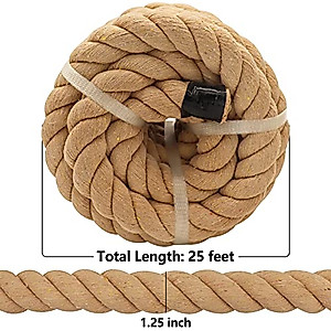 SINYLOO Twisted Brown Cotton Rope 1.25 Inch x 25 Foot - Thick Nautical Rope for Crafts, Swing, Hanging, Decoration, Tug of War