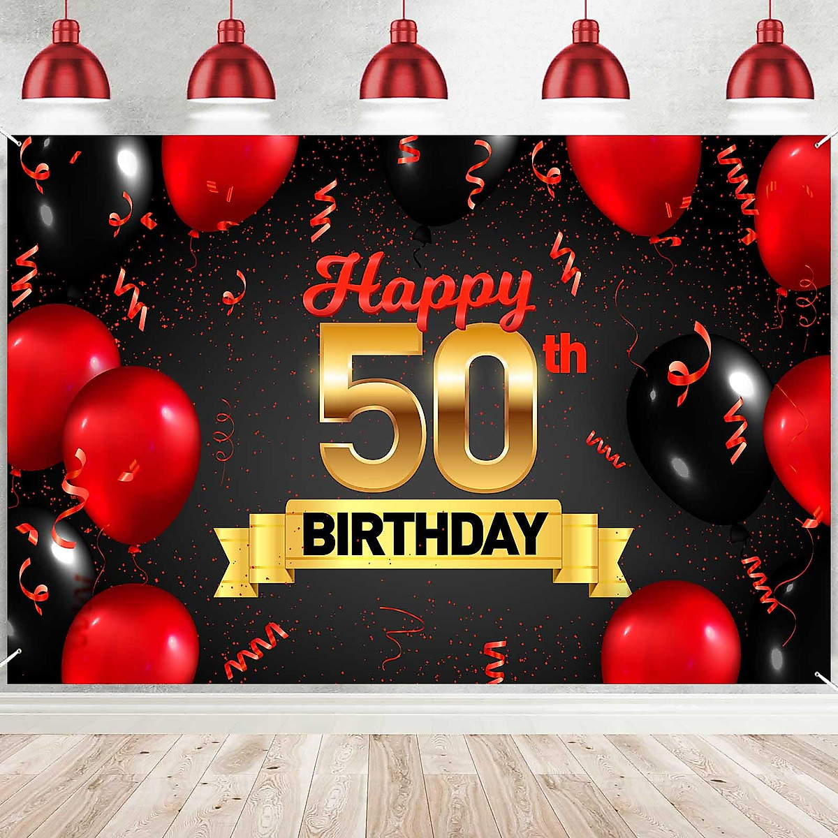 Happy 50th Birthday Red Black Decorations Banner Backdrop Background Balloons Cheers to 50 Years Old Bady Theme Decor for Girls Boys Happy 50 Birthday Party Photo Booth Props Favors Supplies