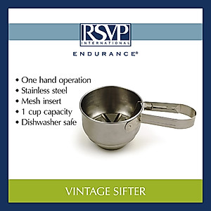 RSVP International Endurance® Stainless Steel Vintage One-Hand Sifter, 1 Cup | Top Cakes, Sift Flour, Marinade BBQ & More | Dishwasher Safe | Powder Sugar, Sift Flour, Spread Toppings & More
