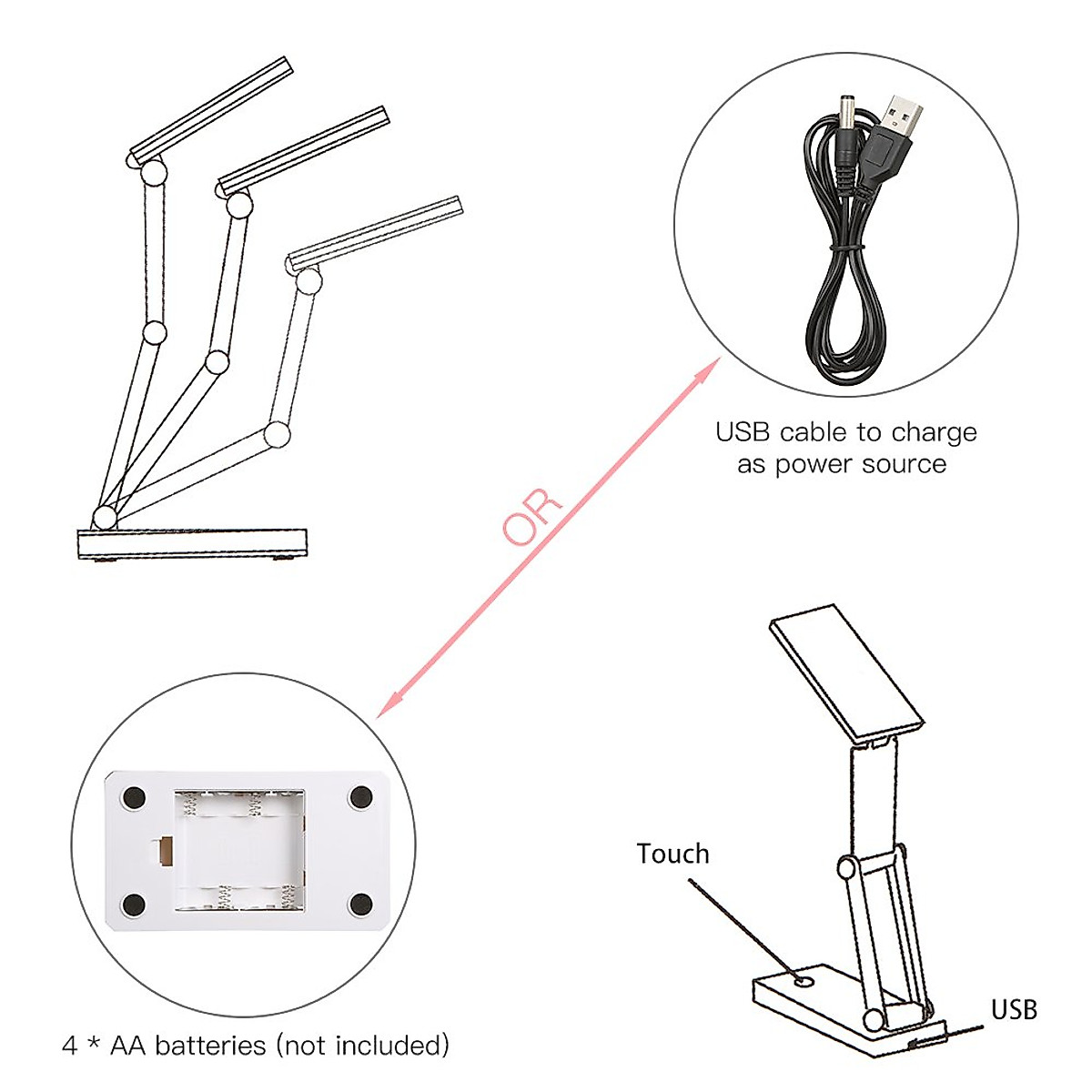 LED Table Lamp Portable Folding 24 Desk Light, Port 4 * AA Batteries Powered Operated with Sensitive Touch Control 3 Levels Adjustable Brightness Dimmable USB Charging for Students Reading Working