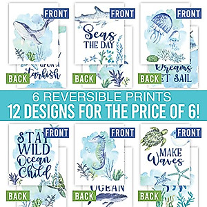 6 Reversible 8x10 Watercolor Ocean Wall Art Prints, Beach Wall Decor For Bedroom Posters For Kids, Beach Bathroom Decor Wall Art Prints, Ocean Wall Decor For Room Posters, Beach Party Decorations For Wall Prints