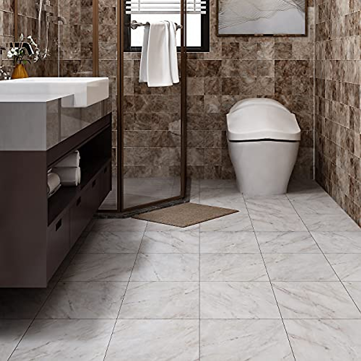 Livelynine 32-Pack Peel and Stick Floor Tile Marble Look Vinyl Flooring Stick On Floor Tiles for Bathroom Kitchen Basement Bedroom Waterproof Laminate Flooring Tile Linoleum Flooring Sheet 12X12 Inch