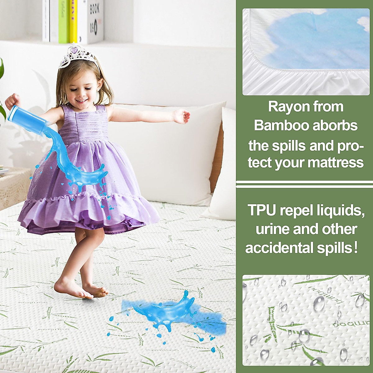 Full Waterproof Mattress Protector, Rayon Made from Bamboo Mattress Pad Cover, Soft Breathable Cooling Mattress Pad Cover, Mattress Protector up to 21” Deep Pocket Tightly Fitted Mattress Protection