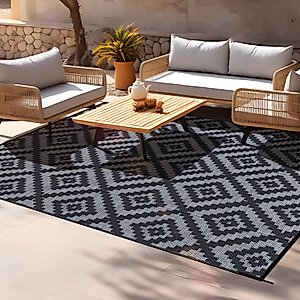 Outdoor Camping Rug Waterproof 6x9FT, Large Reversible Stain&UV Resistant Plastic Straw RV Rug for Outside Patio Pool Deck Beach Indoor, Area Carpet Mat with Portable Bag&4 Stakes-Black Grey Rhombus
