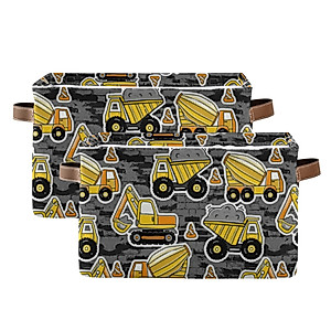 Construction Yellow Machinery with Truck Crane and Bulldozer Grey Rectangular Storage Basket Bin, Collapsible Storage Box with Leather Handles, Nursery Baskets Organizer for Kitchen, Kids Toy