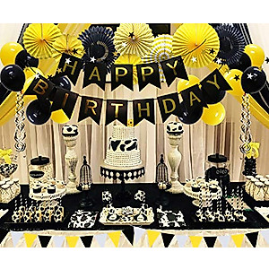 ADLKGG Yellow Black Party Birthday Decoration, Happy Birthday Banner with Balloons, Triangular Pennants, Hanging Swirls, Paper Fans, Circle Star Paper Garland for Baby Shower Bumble Bee Theme Birthday