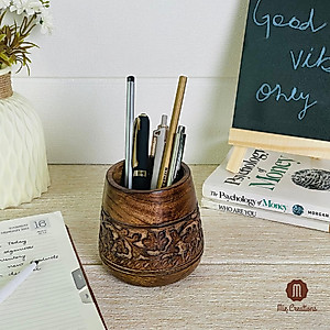 Mie Creations Designer Pencil Holder for Desk Wood | Paintbrush Cup, Desk Accessories, Cute Make Up Brush Organizers | Office Desktop, Wooden Pen Stand | Stationery, Christmas Holiday Gift- 4'' Brown